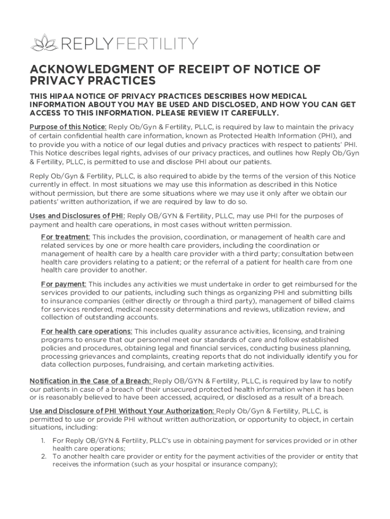 Fillable Online Acknowledgement of Receipt of Notice of Privacy ...