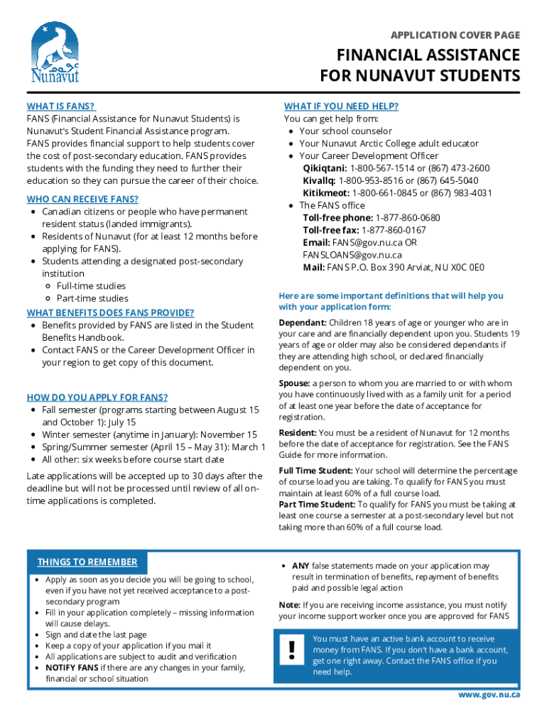 Fillable Online gov nu Fillable FiNaNcial assistaNce For NuNavut studeNts What is FaNs? Fax ...