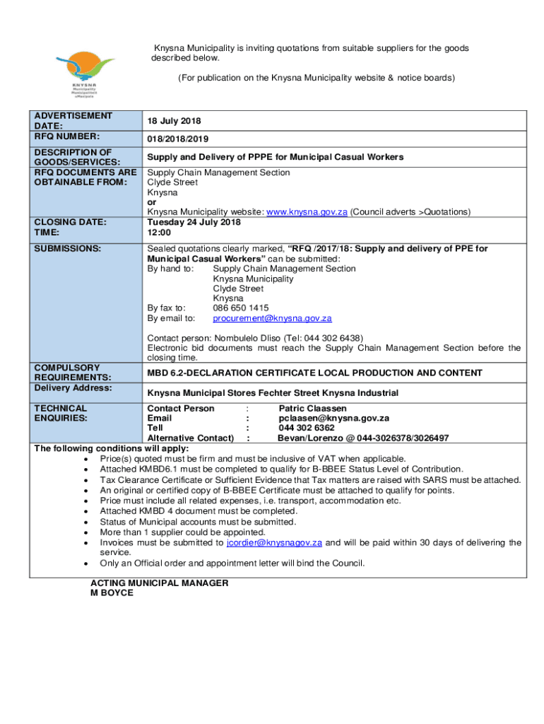 Fillable Online Knysna Municipality is inviting quotations from ...