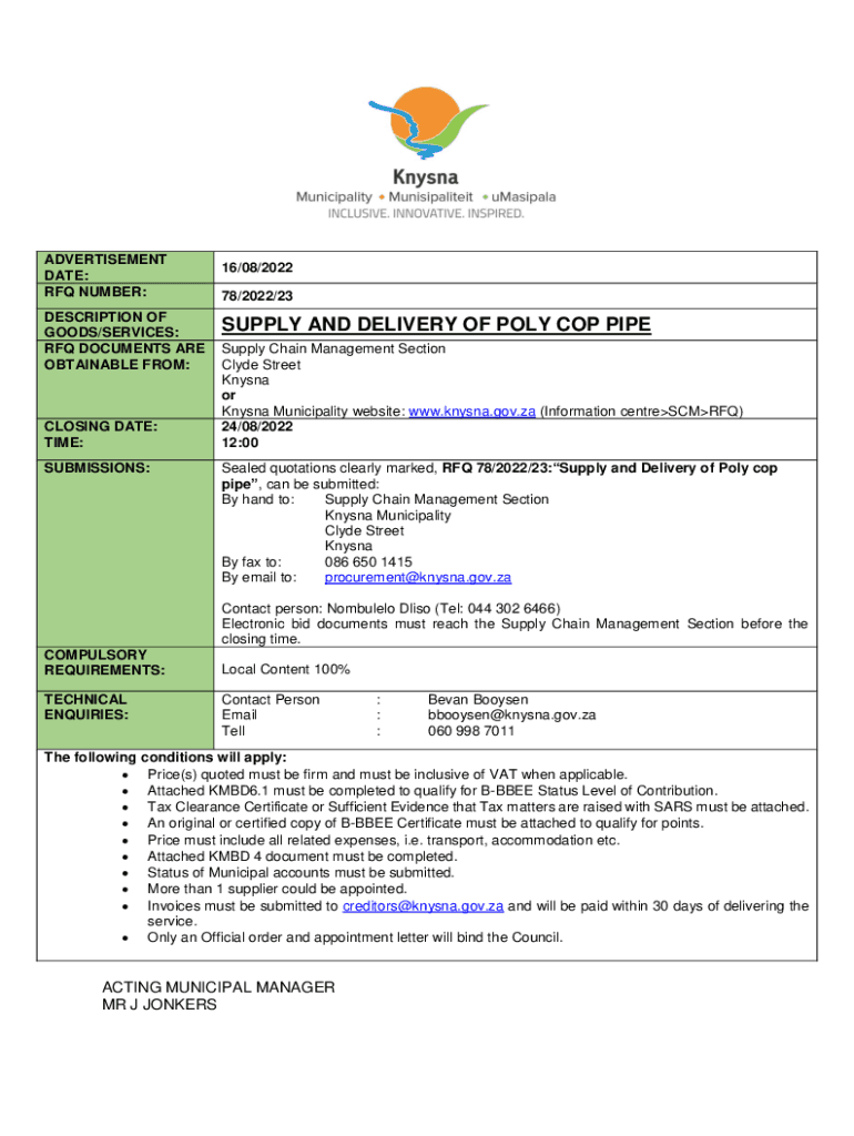 Fillable Online SUPPLY AND DELIVERY OF POLY COP PIPE Fax Email Print ...