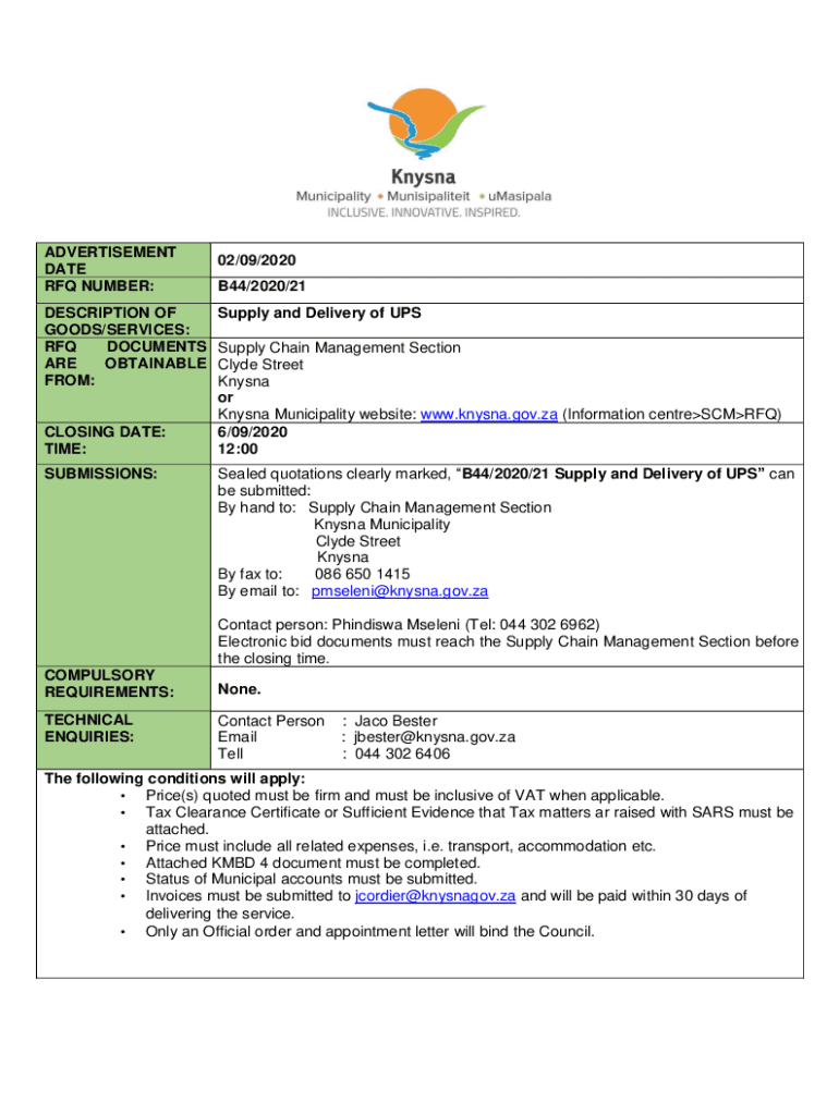 Fillable Online REQUEST FOR QUOTATION FOR GOODS AND SERVICES FOR THE ... - Johannesburg Fax ...