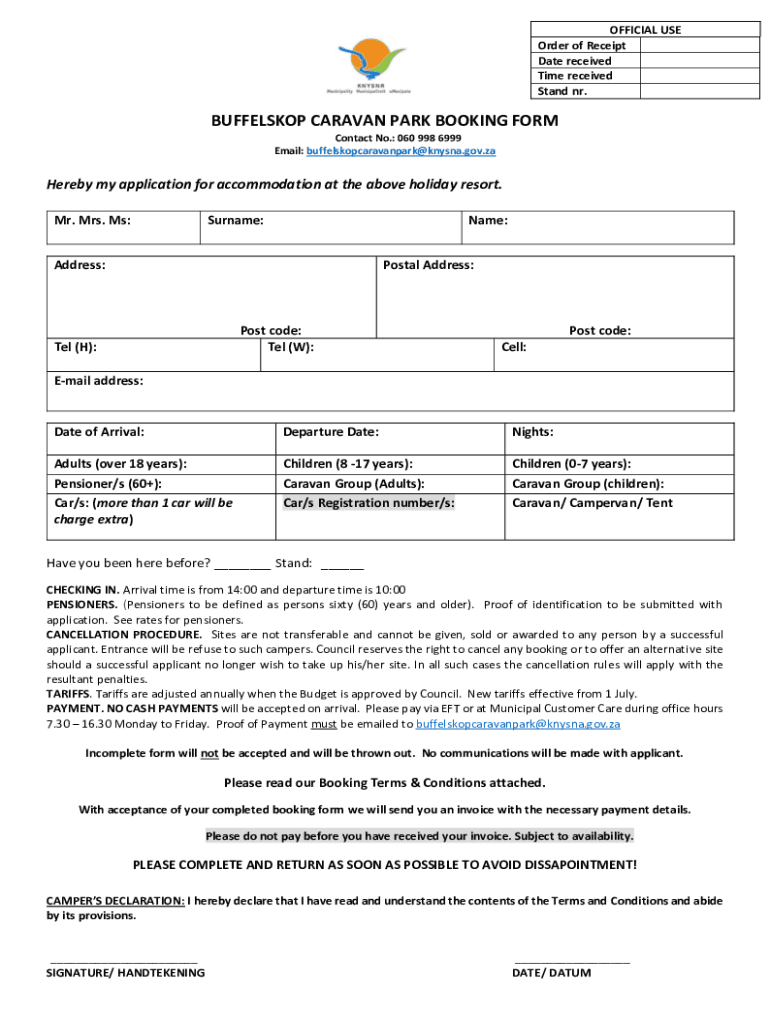 Fillable Online BUFFELSKOP CARAVAN PARK BOOKING FORM - Knysna ... Fax ...