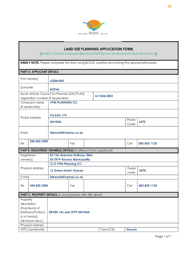 Fillable Online T2 LAND USE PLANNING APPLICATION FORM - Knysna ...