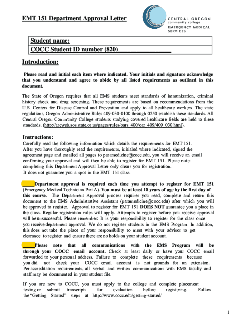 Fillable Online EMT 151 Department Approval Letter Student name: COCC ...
