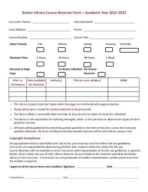 Fillable Online Barber Library Course Reserves Form Academic Year 2021 ... Fax Email Print ...
