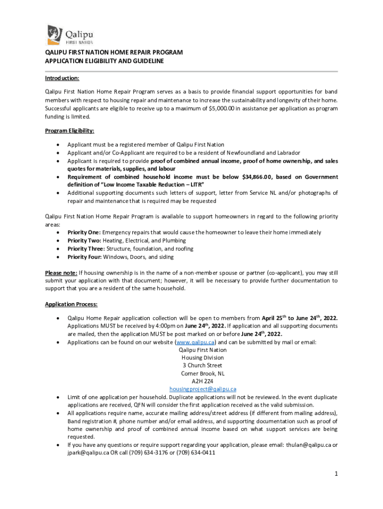 Fillable Online QALIPU FIRST NATION HOME REPAIR PROGRAM APPLICATION ELIGIBILITY AND ... Fax ...