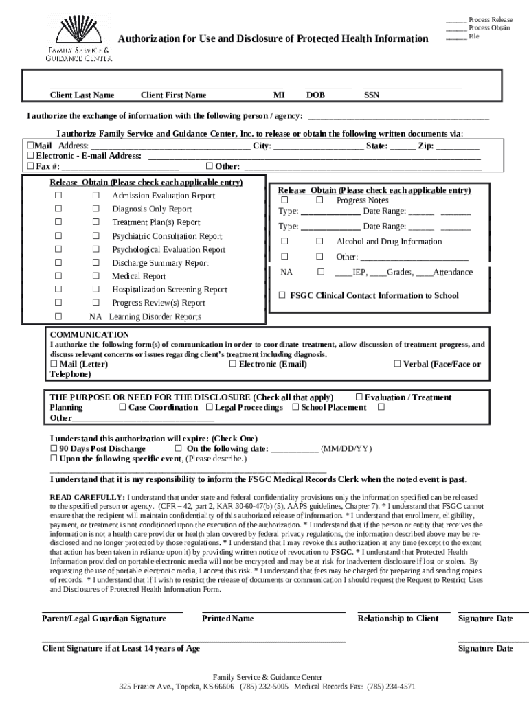 FAMILY SERVICE AND GUIDANCE CENTERAuthorization for Release of Ination Doc Template | pdfFiller