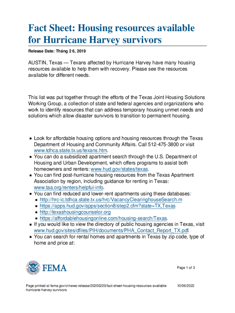 Fillable Online Fact Sheet: Housing resources available for Hurricane Harvey survivors ... Fax ...