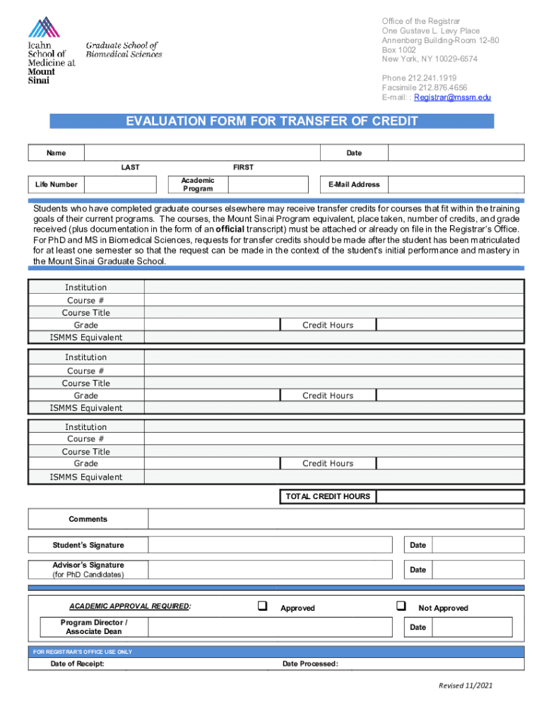 Fillable Online EVALUATION FORM FOR TRANSFER OF CREDIT Fax Email Print - pdfFiller