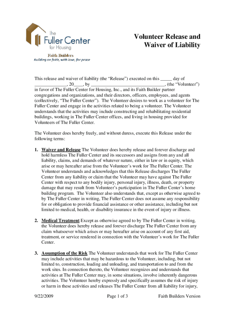 Fillable Online Faith Builders Volunteer Waiver and Release and Conduct Agreement Fax Email ...