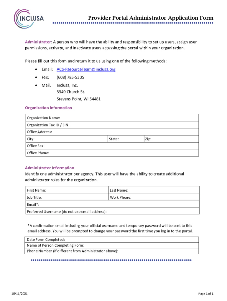 Fillable Online www.inclusa.orgwp-contentuploadsProvider Portal Administrator Application Form ...