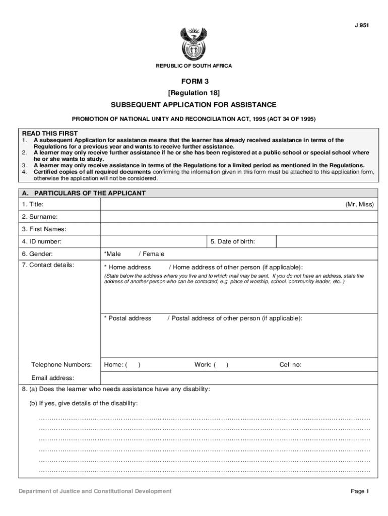 Fillable Online justice.gov.zaformstrcFORM 3 Regulation 18 SUBSEQUENT APPLICATION FOR ASSISTANCE ...