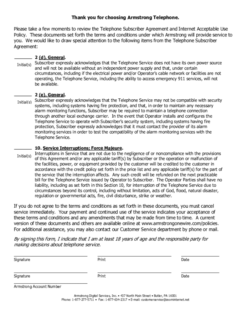 Fillable Online Thank you for choosing Armstrong Telephone Fax Email ...