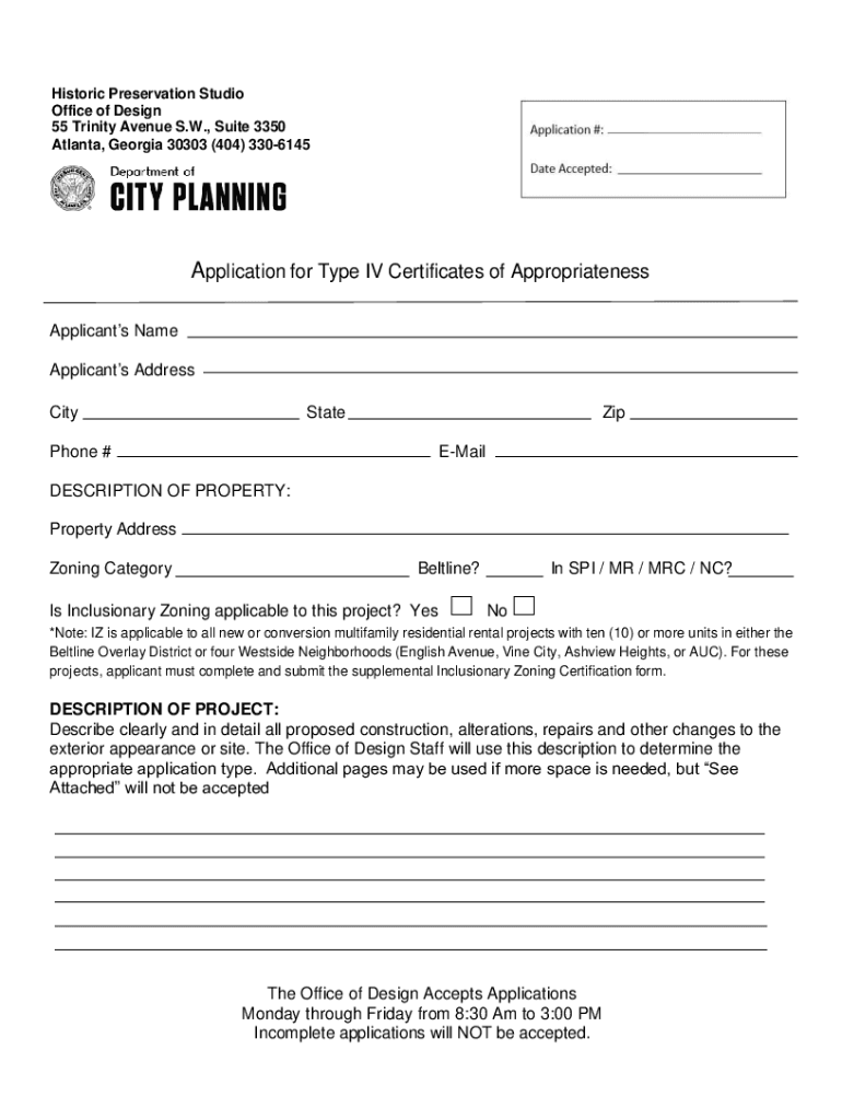 Fillable Online Application for Type IV Certificates of Appropriateness ...