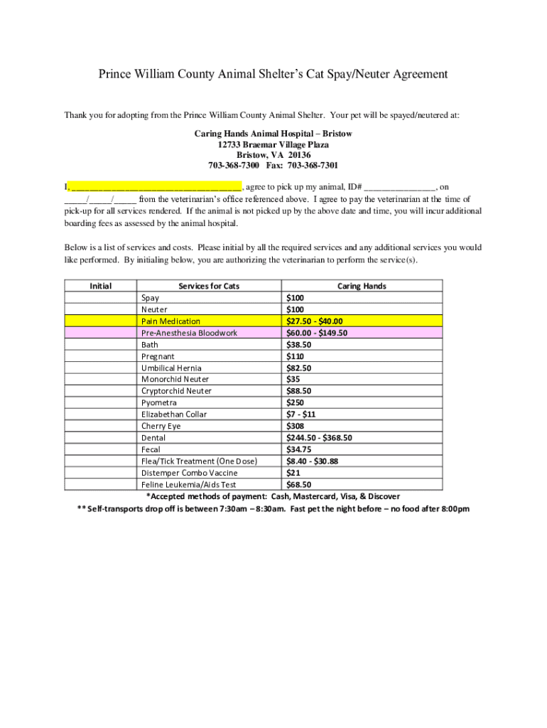 Fillable Online Prince William County Animal Shelters Cat Spay/Neuter ...