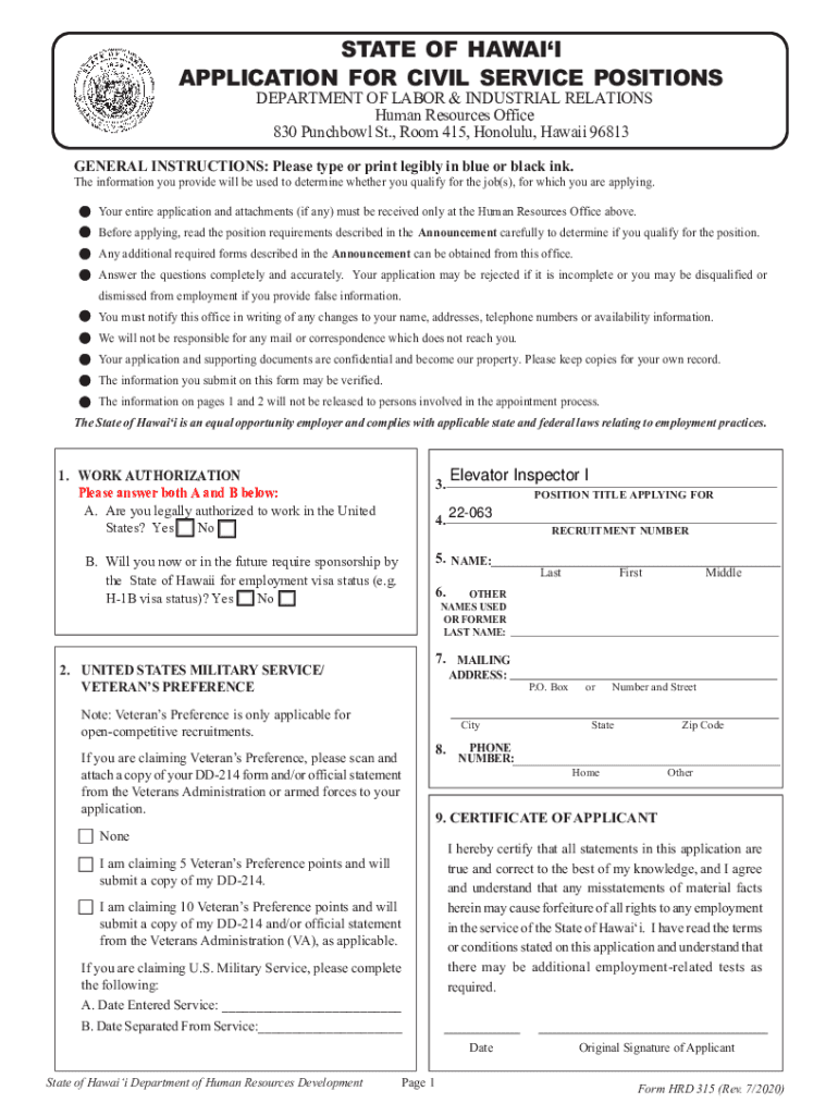 Fillable Online ELEVATOR INSPECTOR I - Hawaii Fax Email Print - pdfFiller