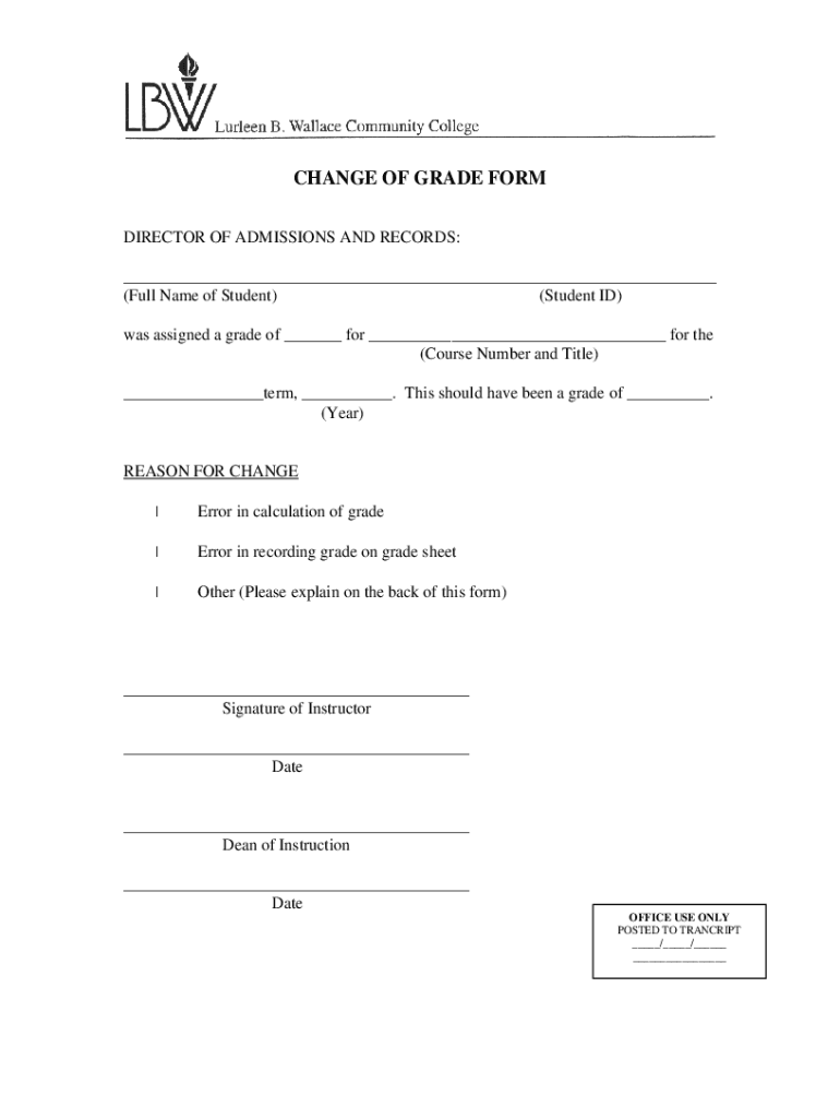 Fillable Online LBWCC - Change of Grade Form Fax Email Print - pdfFiller