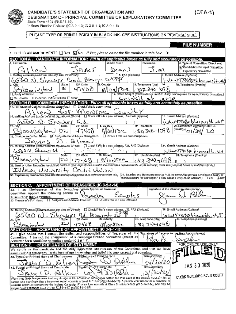 Fillable Online CANDIDATE'S STATEMENT OF ORGANIZATION AND (CFA-1) Fax Email Print - pdfFiller
