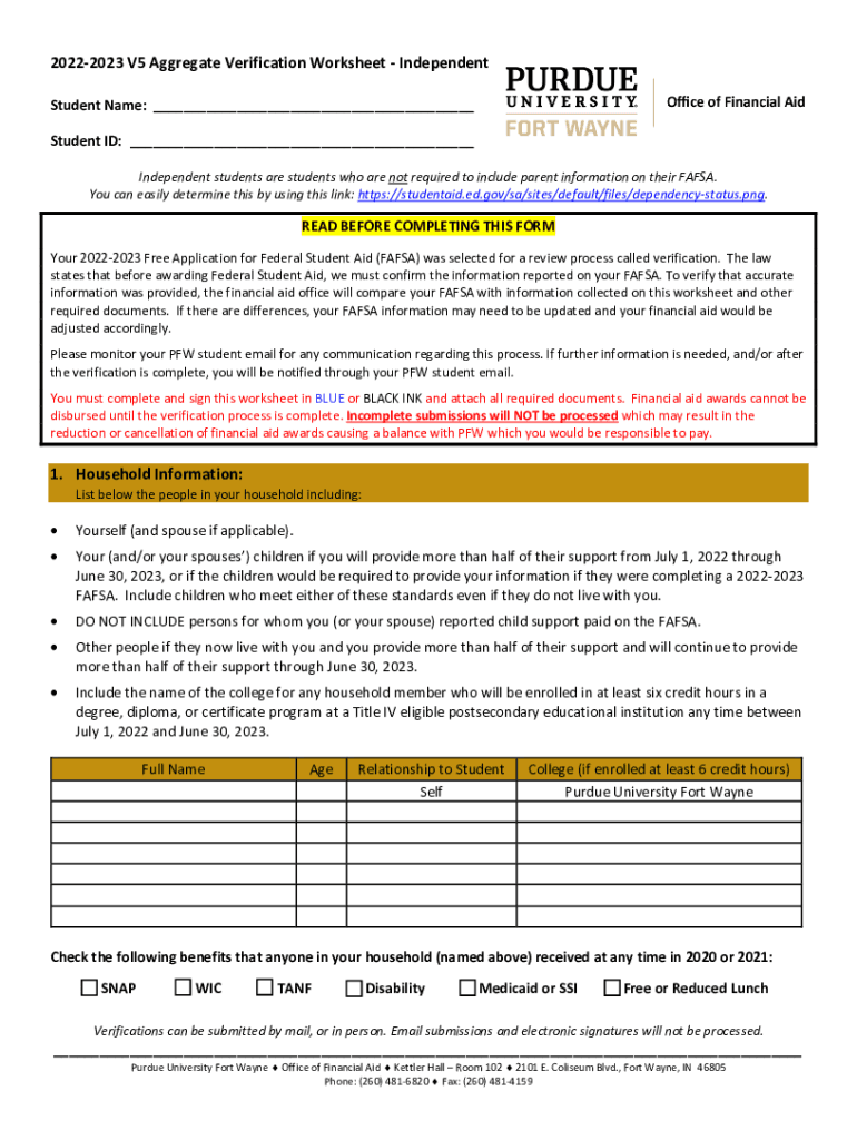 Fillable Online 2022-2023 V5 Aggregate Verification Worksheet - Independent Fax Email Print ...