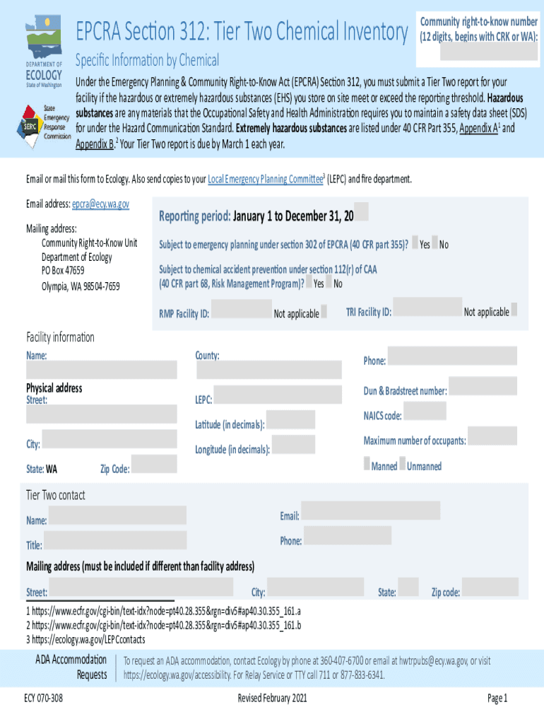 Fillable Online EPCRA Section 312. Form ECY 070-308. Tier two chemical ...