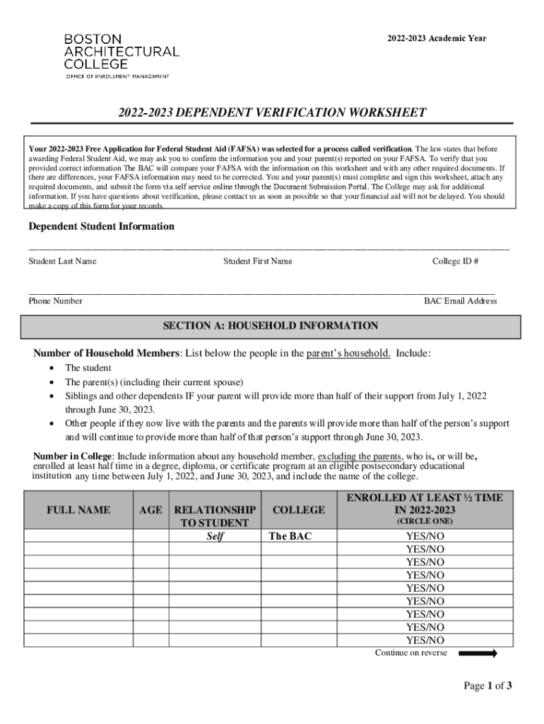 Fillable Online 2022-2023 DEPENDENT VERIFICATION WORKSHEET - Governors State University Fax ...