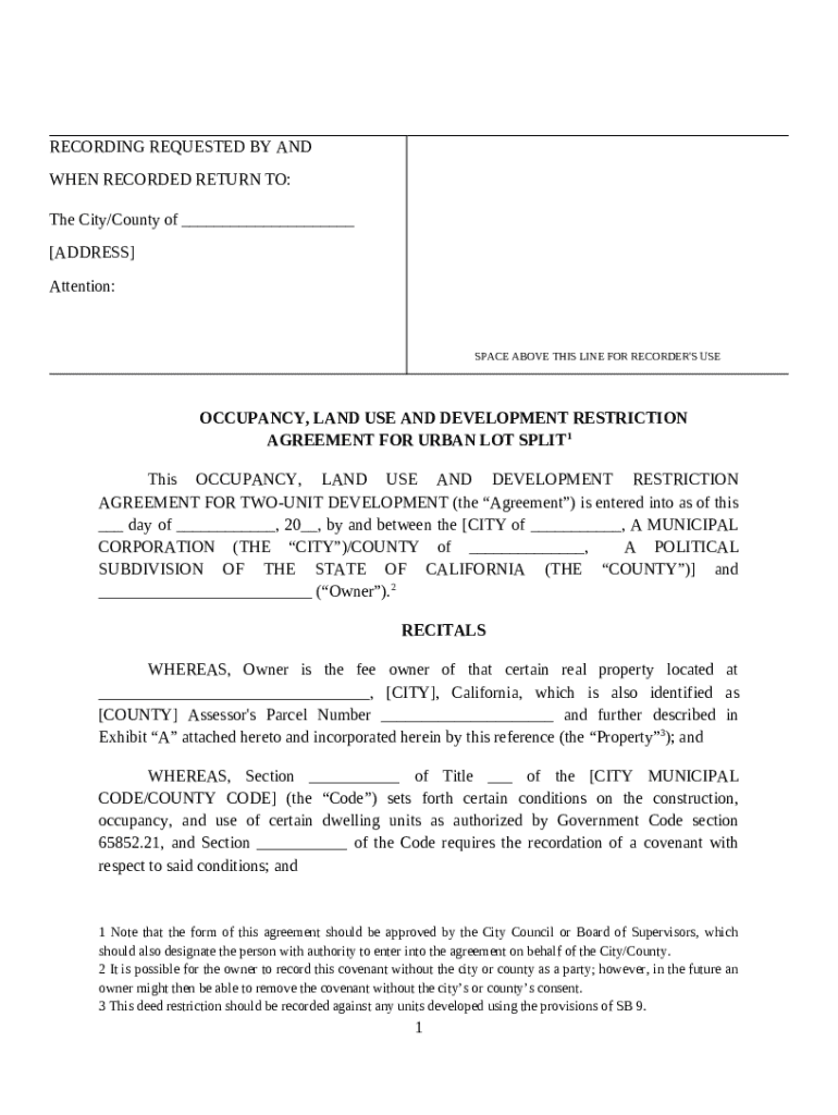 SB 9 Sample Deed Restriction for Two Unit Development - abag ca Doc Template | pdfFiller