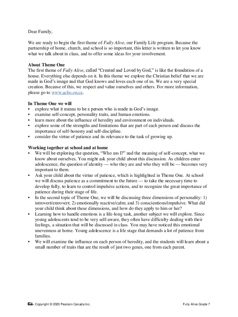 Fillable Online Fully Alive Grade 4 Grade 4, Theme One Family Letter ...