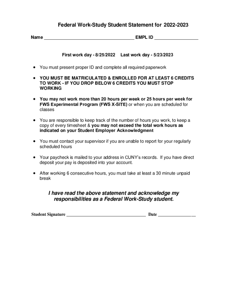 Fillable Online Federal Work-Study Student Statement for 2022-2023 ...