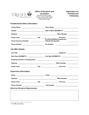 Fillable Online Postdoctoral Fellow Application Form. Postdoctoral ...