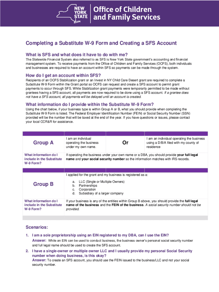 Fillable Online ocfs ny Completing a Substitute W-9 Form and Creating a SFS Account ... Fax ...