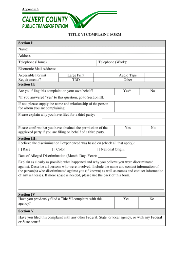 Fillable Online TITLE VI COMPLAINT FORM Section I: Name: Address ...