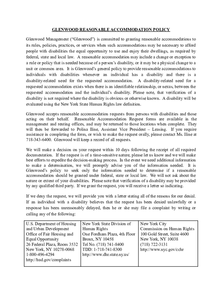 Fillable Online Reasonable Accommodation Policy and ProcedureReasonable ...