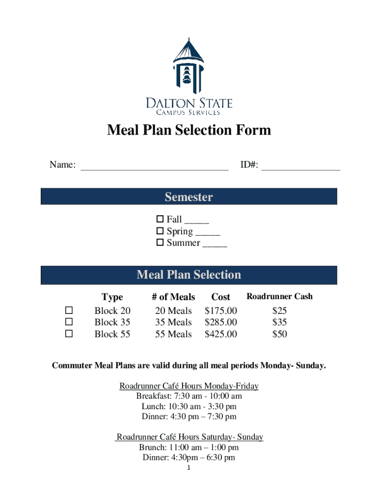 Fillable Online Meal Plan Selection Form- Faculty/Staff - Dalton State ...