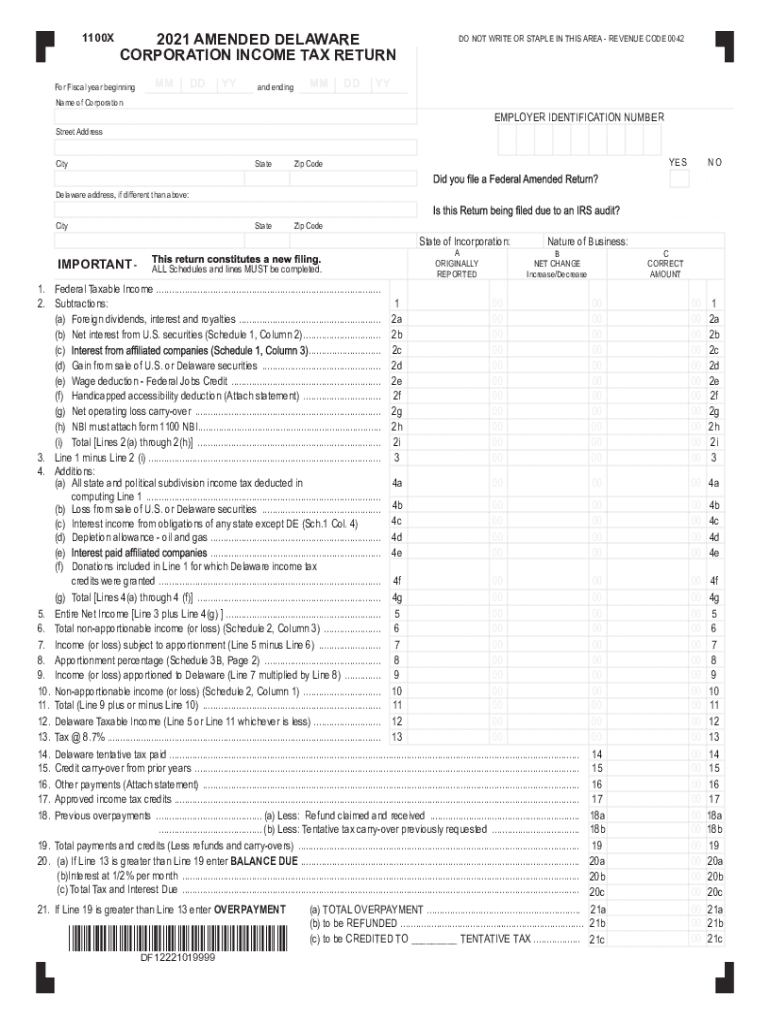 Fillable Online Delaware Form 1100X (Corporate Income Tax Return ...