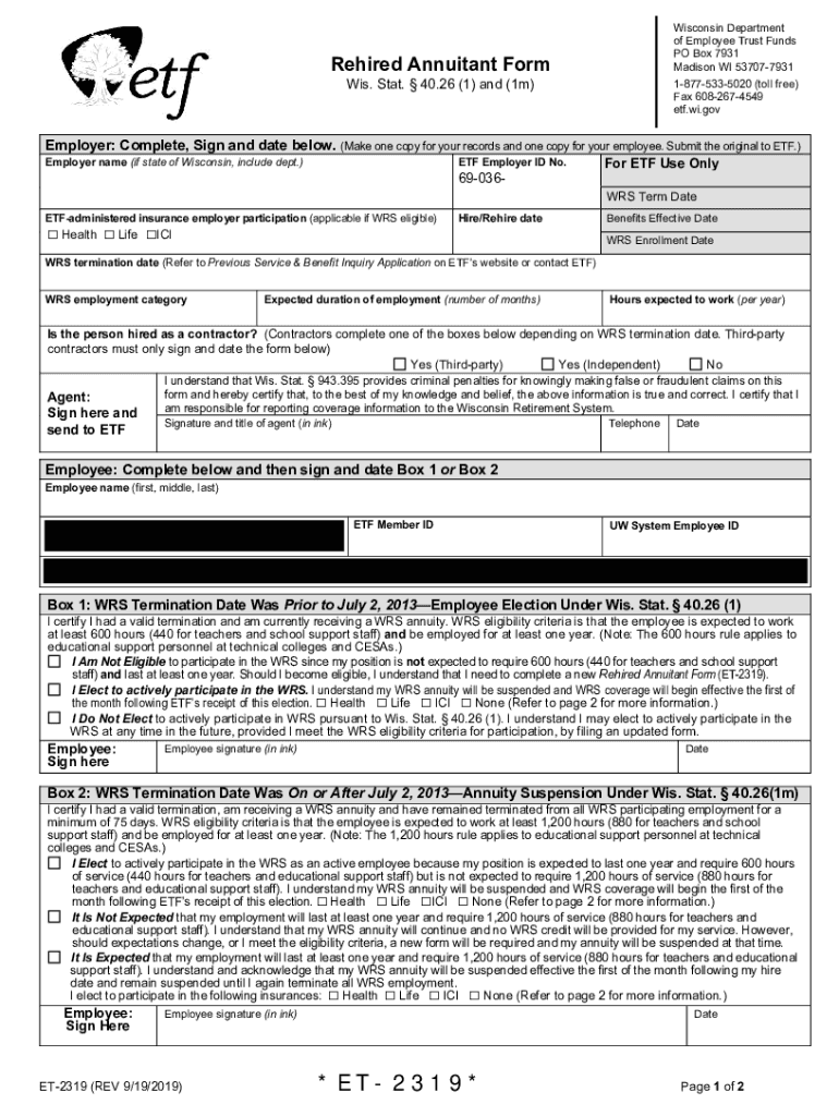 Fillable Online Get Rehired Annuitant Form (ET-2319) - (ETF ...