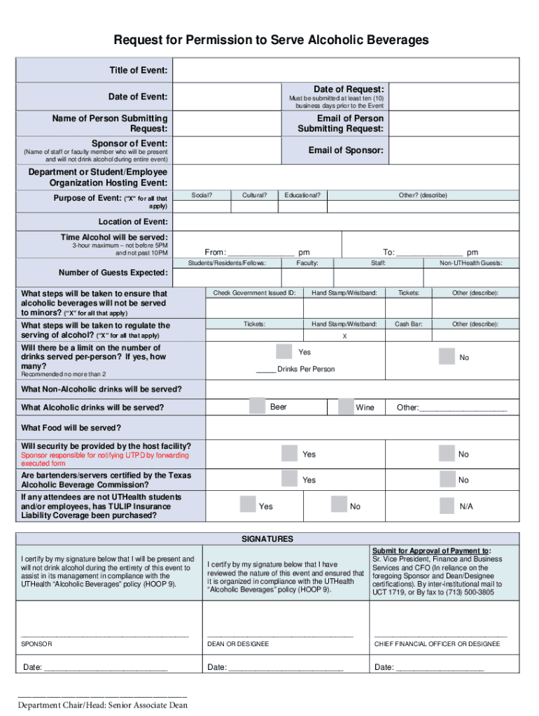 Fillable Online Request for Permission to Serve Alcoholic Beverages. Permission to Serve ...