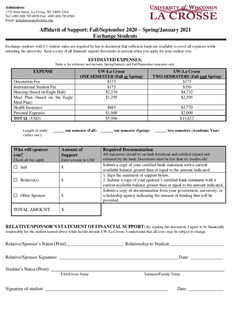Fillable Online Affidavit of Support: Fall/September 2020 Spring ...