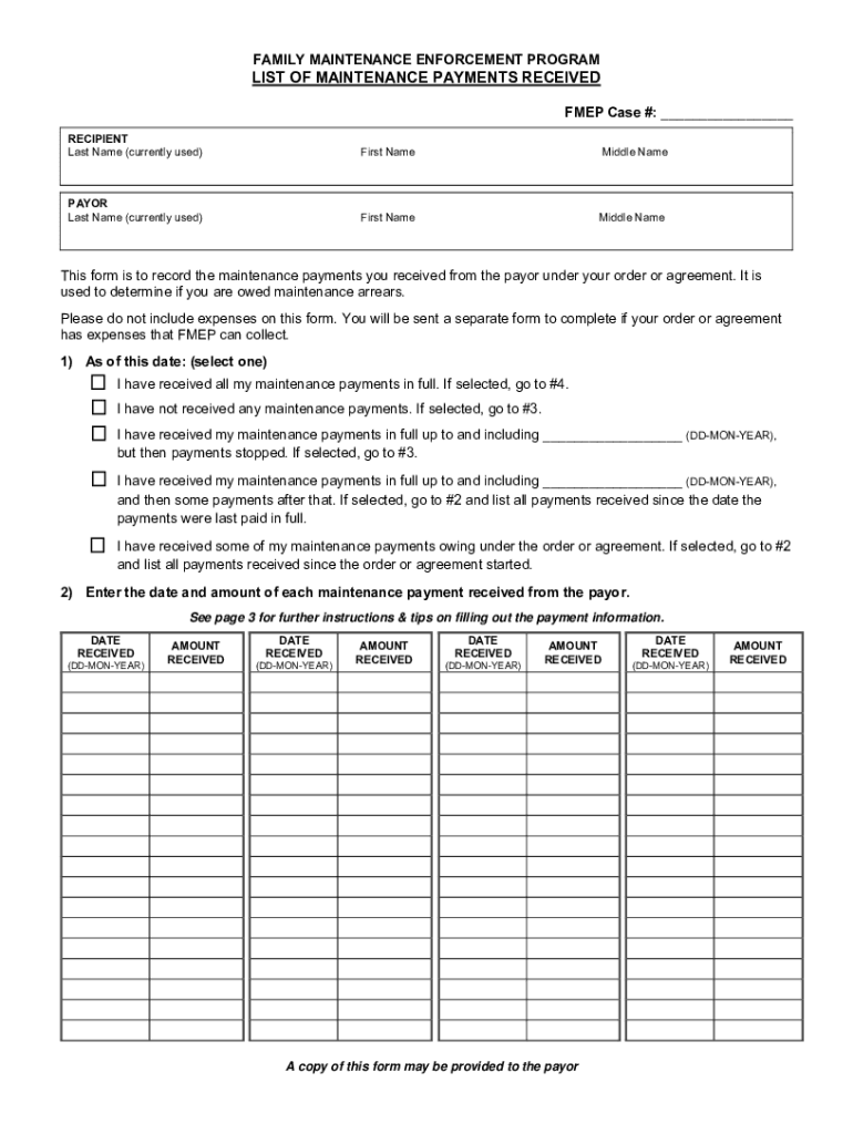 Fillable Online BC FMEP Recipient Enrolment List of Payments Received ...