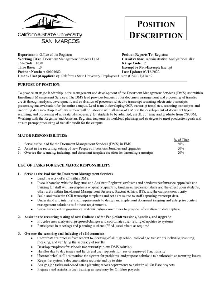 Fillable Online Registrar: Position Description - University of Western ...