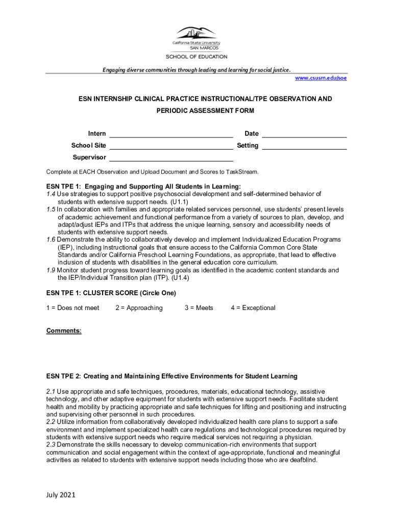 Fillable Online ESN Intern Instructional Observation and TPE Assessment Form Fax Email Print ...
