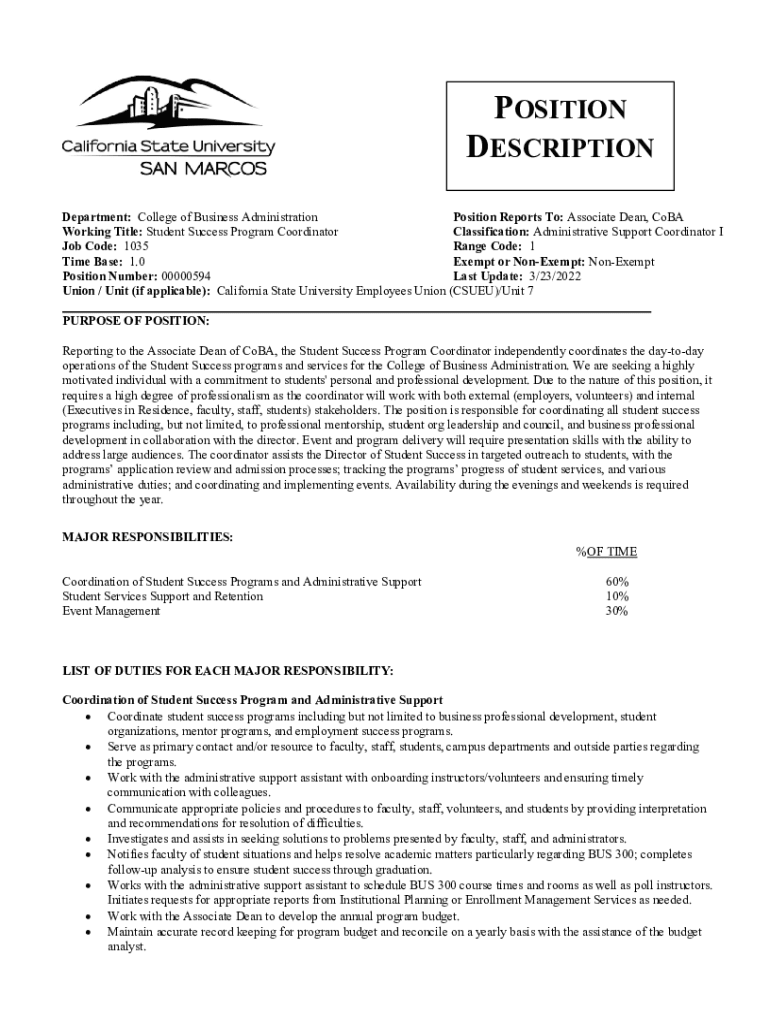 Fillable Online Student Success Program Coordinator - CSUSM Fax Email ...