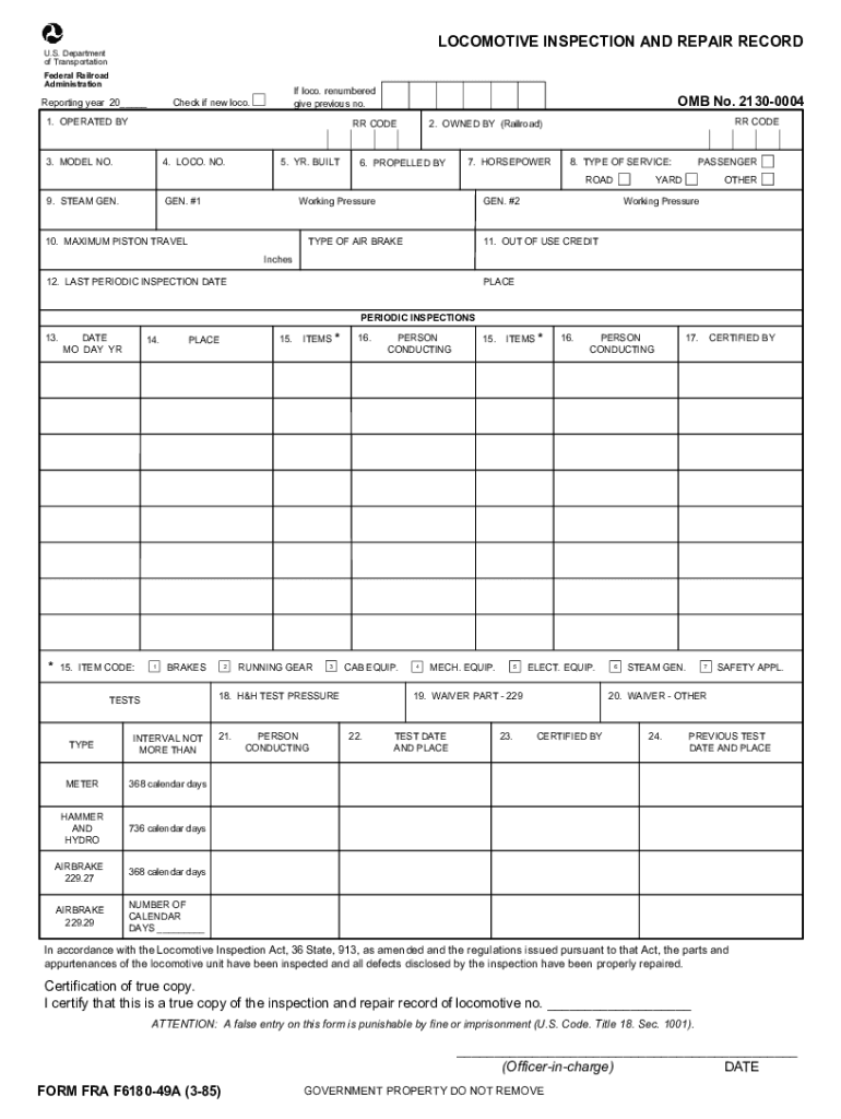 Fillable Online Form FRA F 6180 49A FRA F 6180 49A Locomotive ...