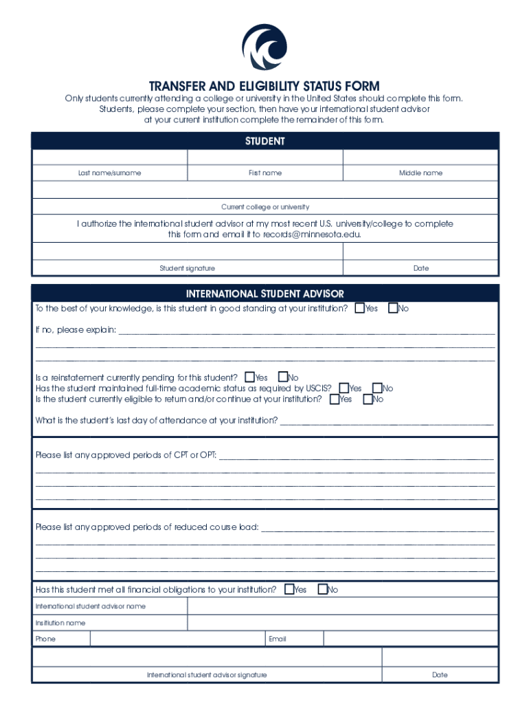 Fillable Online TRANSFER AND ELIGIBILITY STATUS FORM Fax Email Print ...