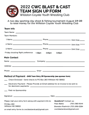 Fillable Online 2022 - 2021 cwc blast & cast - team sign up form - Ngin ...