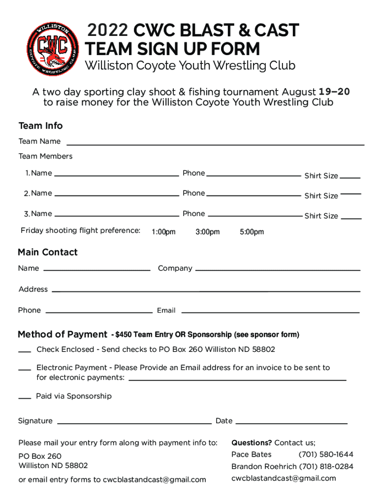 Fillable Online 2022 - 2021 cwc blast & cast - team sign up form - Ngin ...