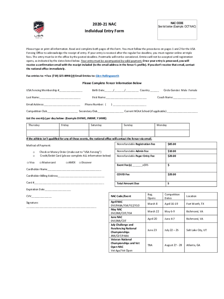 Fillable Online 2020-21 NAC Individual Entry Form - Ngin Fax Email ...