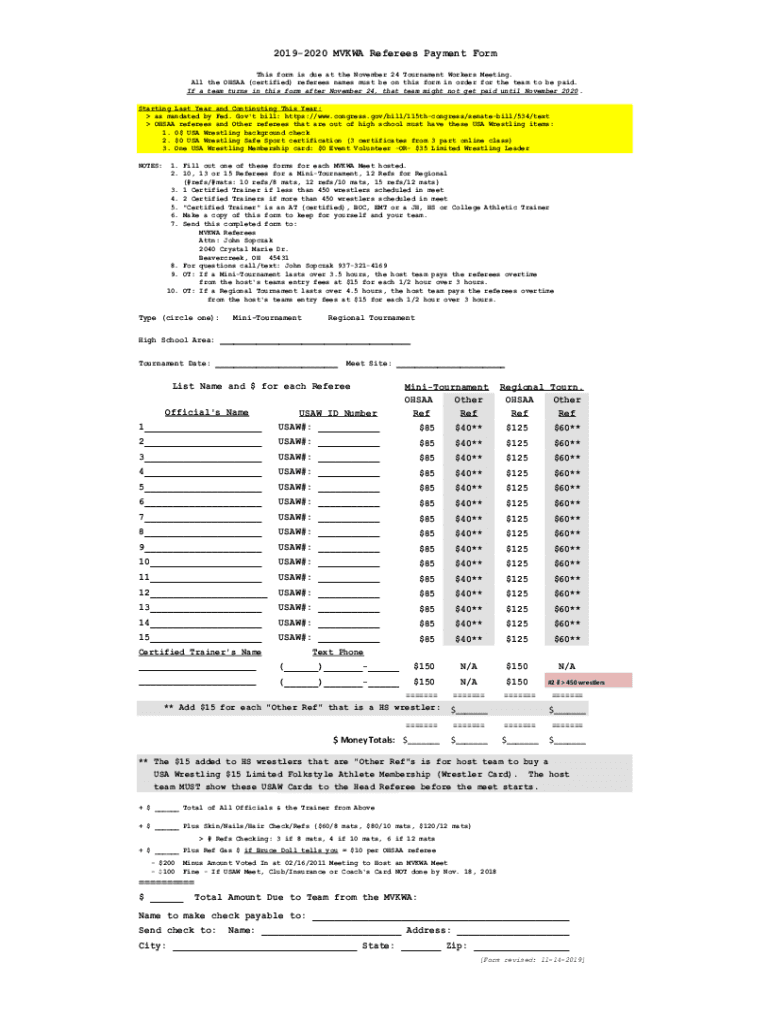 Fillable Online 2019-2020 MVKWA Referees Payment Form - Ngin Fax Email ...