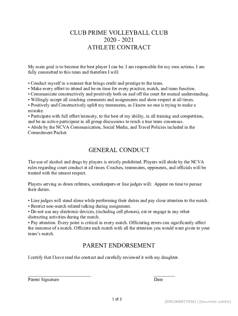 Fillable Online club prime volleyball club 2020 - 2021 athlete contract ...