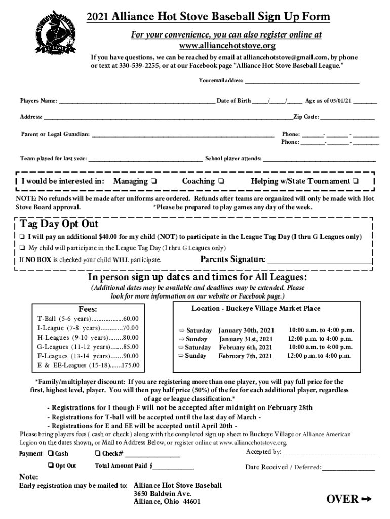 Fillable Online 2021 Alliance Hot Stove Baseball Sign Up Form - Ngin ...