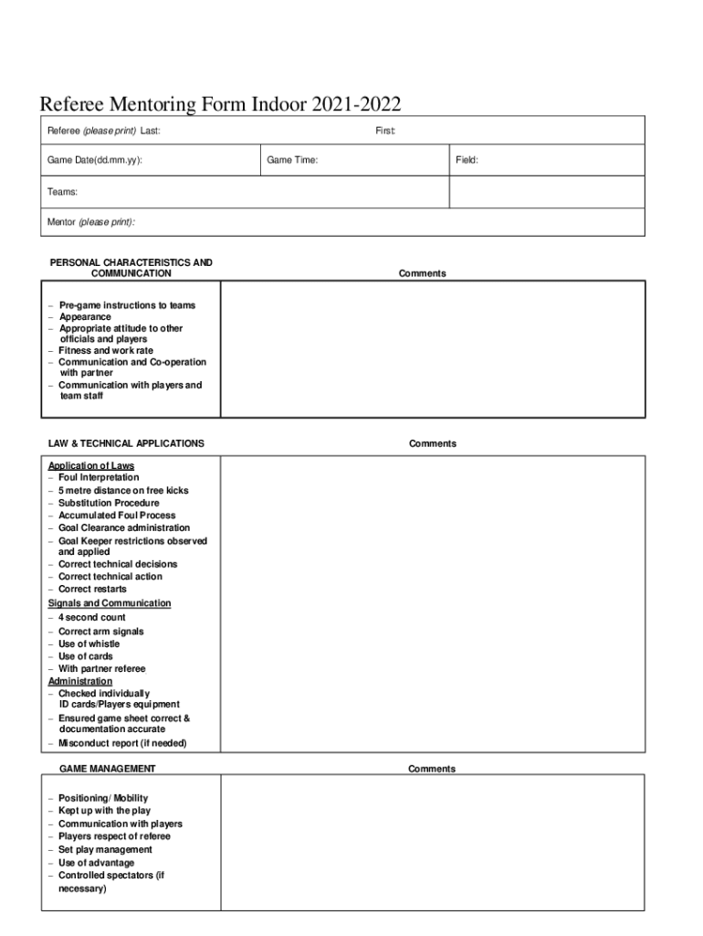 Fillable Online Fillable - Referee Mentoring Form - Indoor 2017-2018 ...